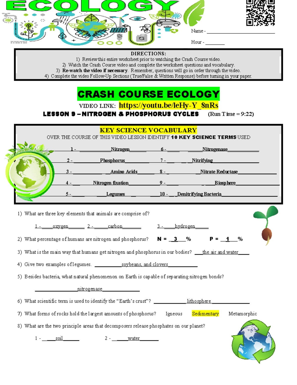 Nitrogen and Phosph Cycle Crash Course - DIRECTIONS: 1) Review this ...
