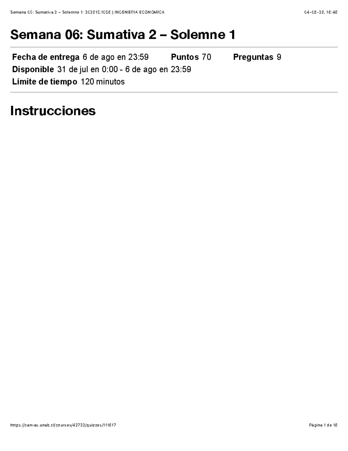 Semana 06 Sumativa 2 – Solemne 1 202315.1658 IngenieríA EconóMICA - Semana 06: Sumativa 2 ...