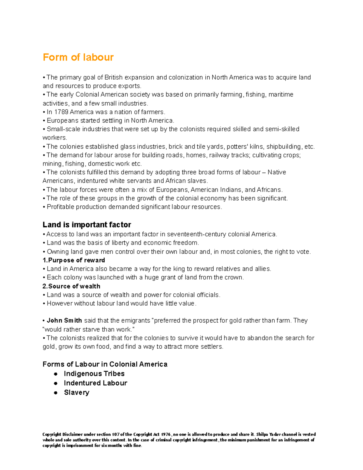 Forms of labour - Nice - Form of labour • The primary goal of British ...