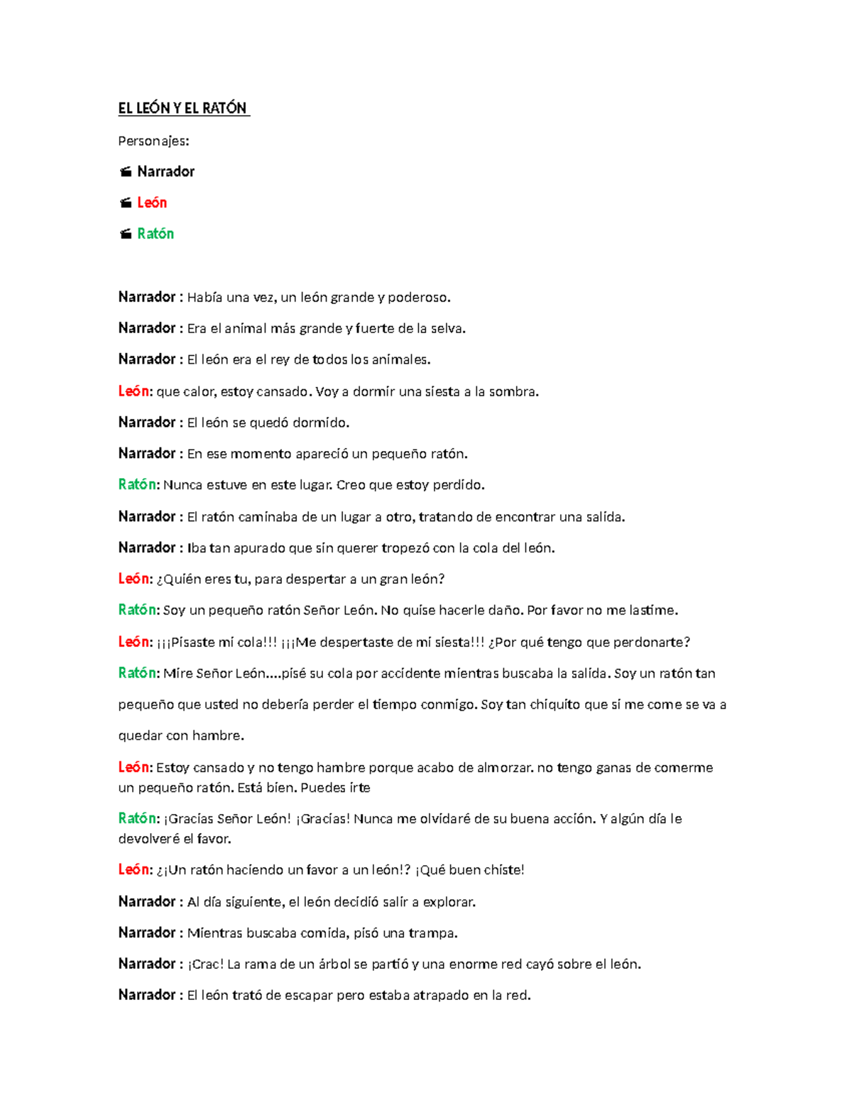El león y el ratón - Obra de teatro - EL LEÓN Y EL RATÓN Personajes ...
