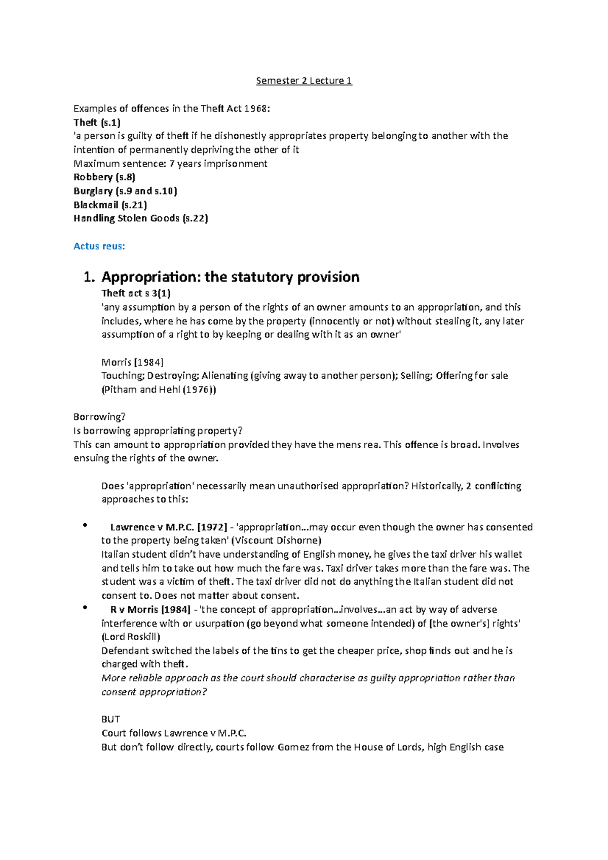 Semester 2 Lecture 1 Notes - Semester 2 Lecture 1 Examples of offences ...