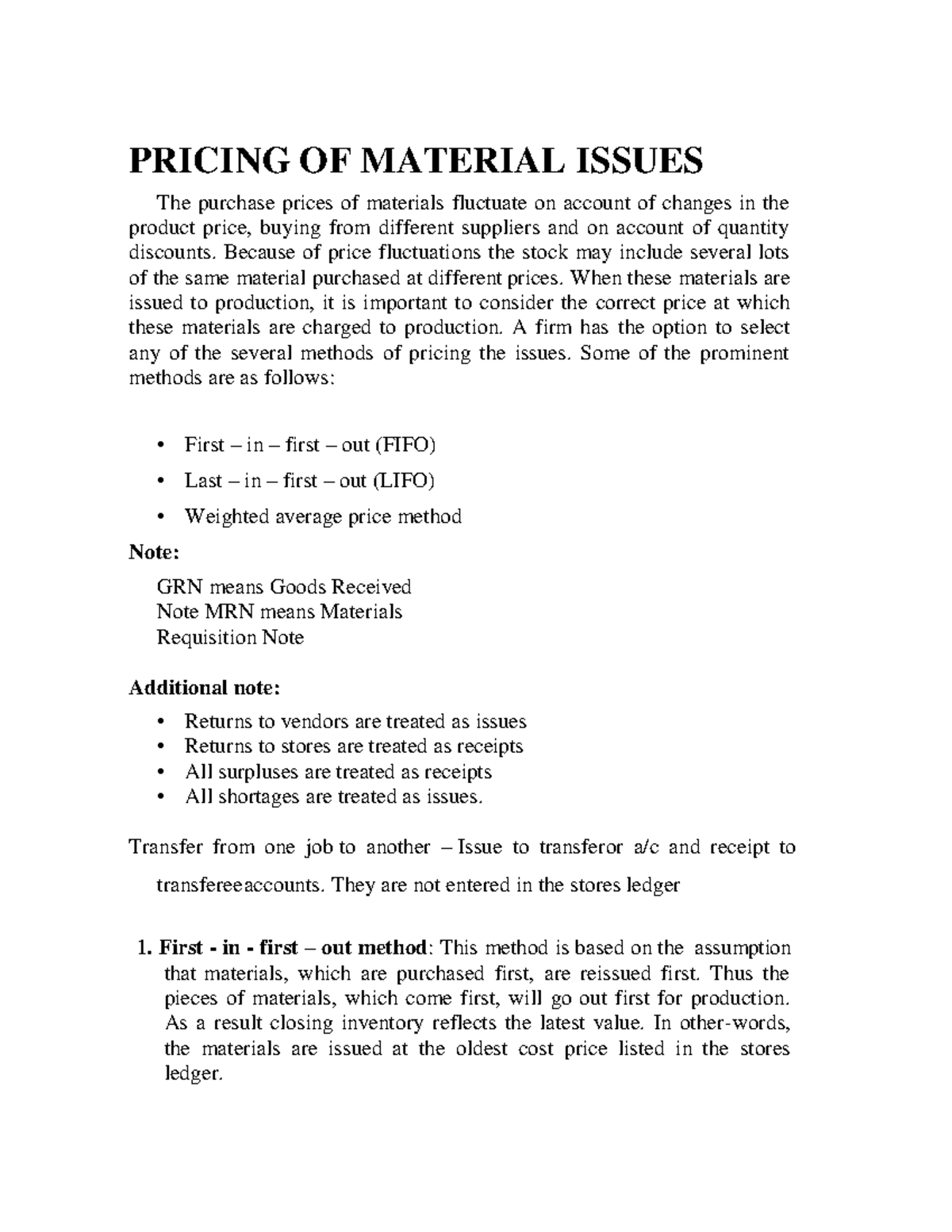 Pricing OF Material Issues - PRICING OF MATERIAL ISSUES The purchase ...