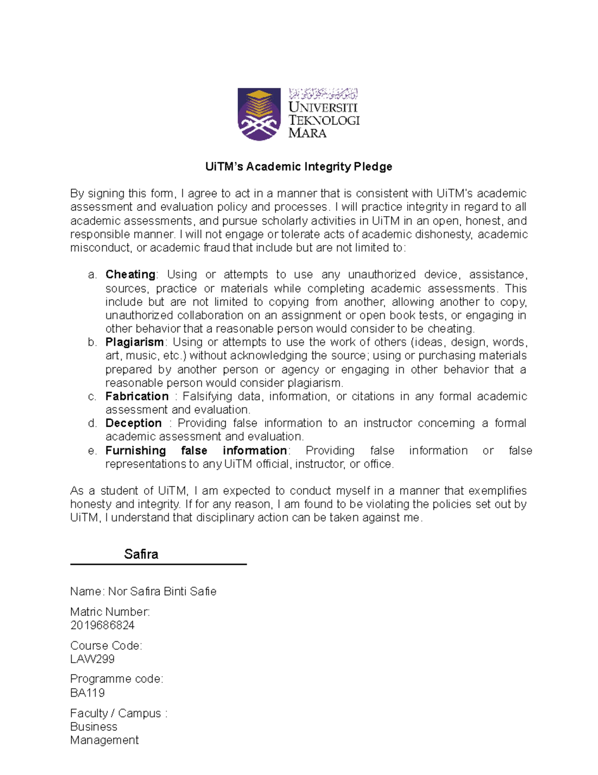 production of improved - UiTM’s Academic Integrity Pledge By signing ...