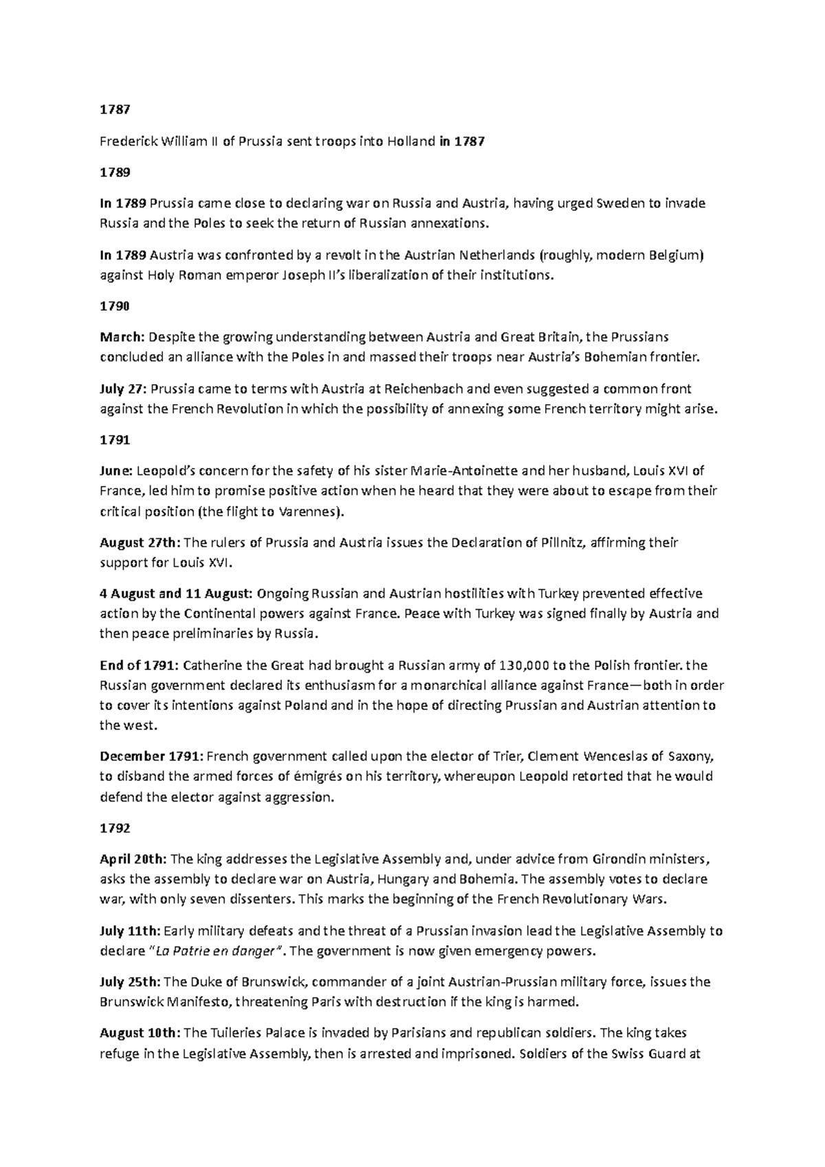 French Revolution dates and info - 1787 Frederick William II of Prussia ...