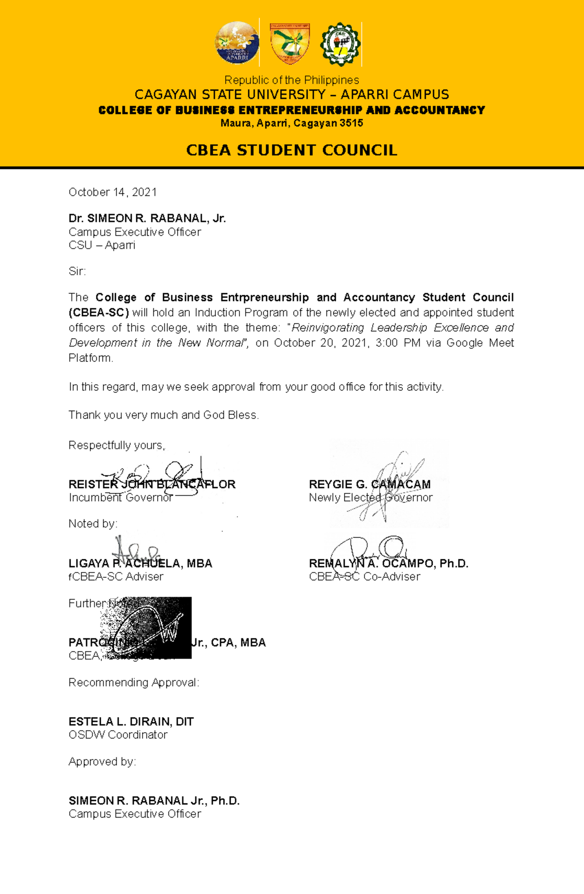 CBEA INDUCTION 2021 - Bachelor of science in accountancy - Studocu