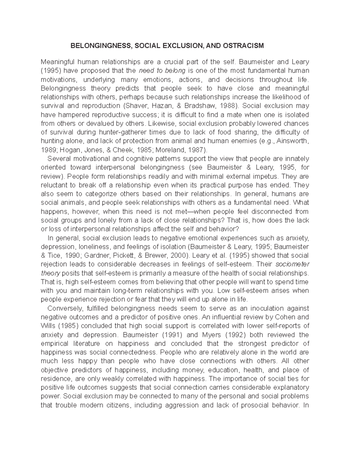 The Social Self - BELONGINGNESS, SOCIAL EXCLUSION, AND OSTRACISM ...