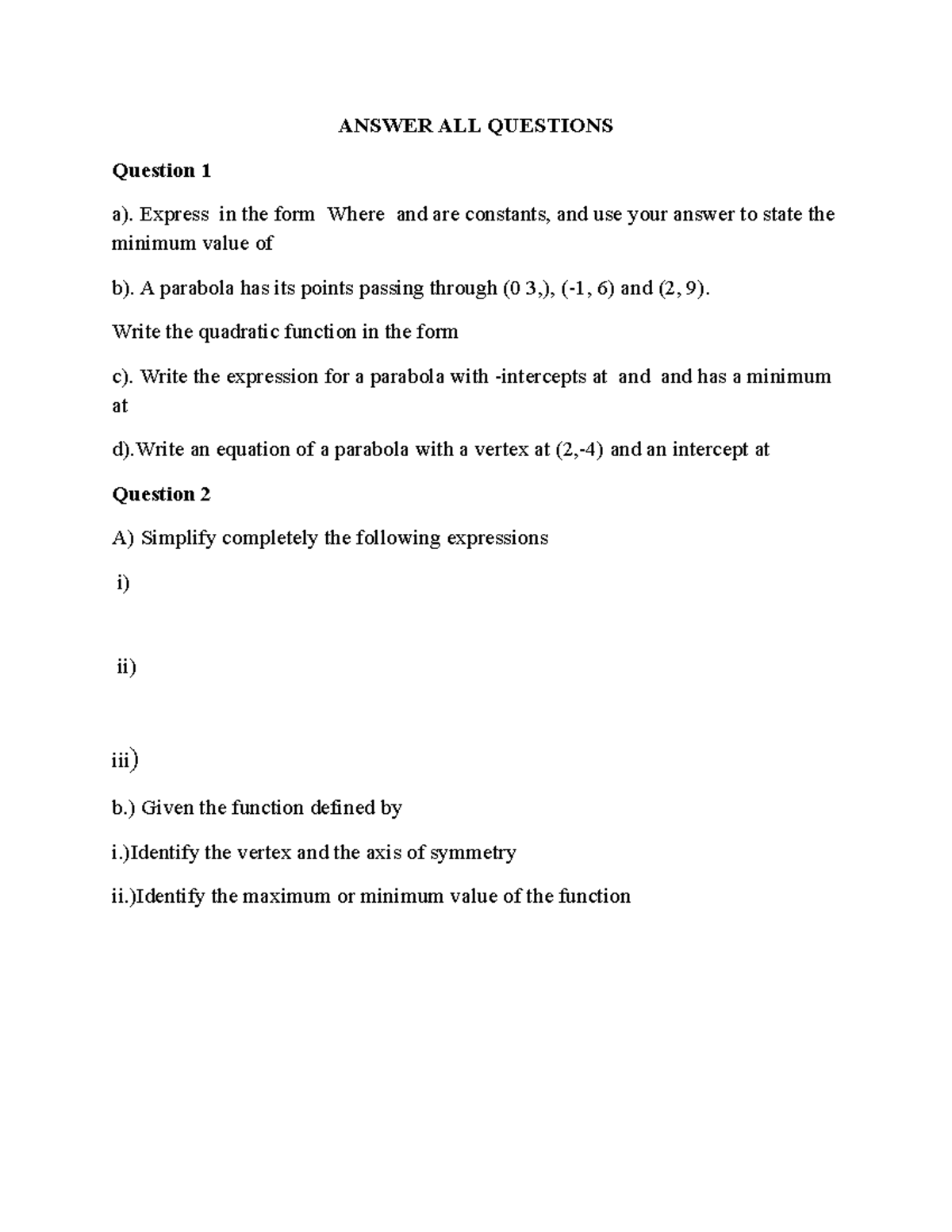 Introduction to mathematics QP 2 - ANSWER ALL QUESTIONS Question 1 a ...