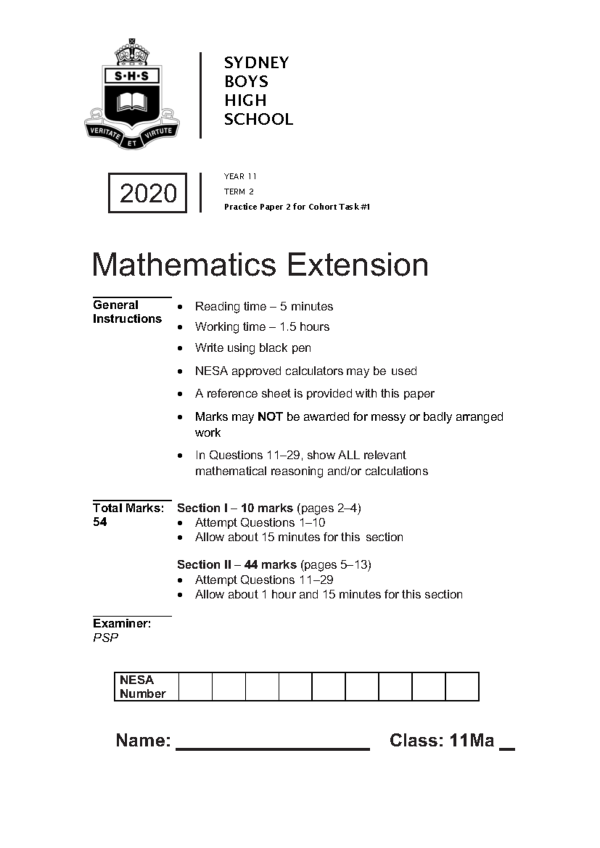 SBHS 2020 Y11 ME Practice Paper 2 - SYDNEY BOYS HIGH SCHOOL YEAR 11 ...