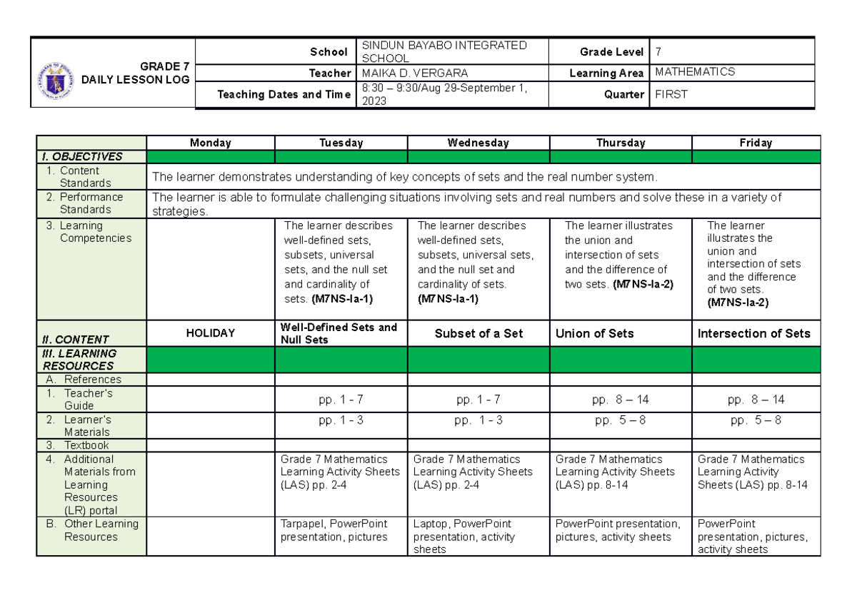 DLL MATH 7 WEEK 1 - GRADE 7 DAILY LESSON LOG School SINDUN BAYABO ...