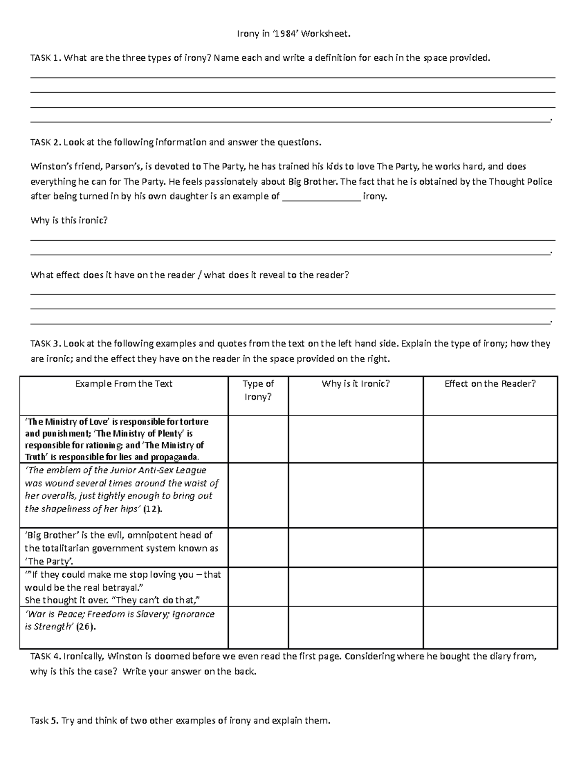 Irony in 1984 in the book - Irony in ‘1984’ Worksheet. TASK 1. What are ...
