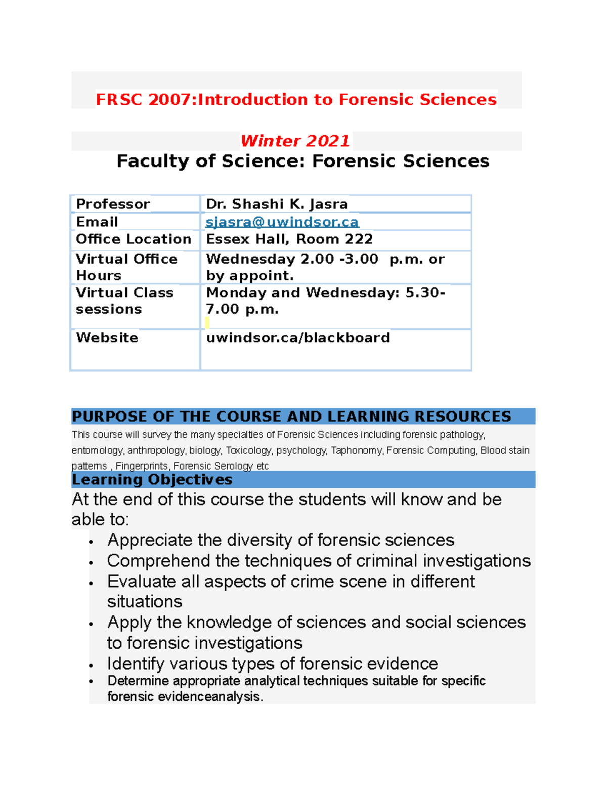 Intro to Forensic Science Syllabus - FRSC 2007:Introduction to Forensic ...