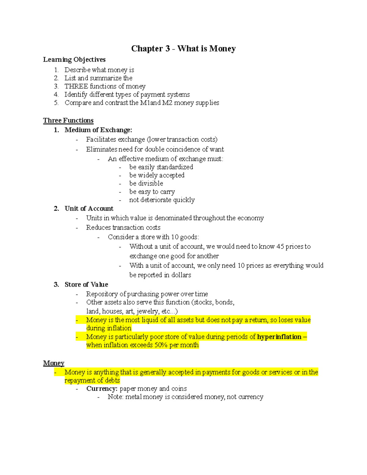 Lecture 5 - Chapter 3 - Chapter 3 - What is Money Learning Objectives 1. Describe what money is ...