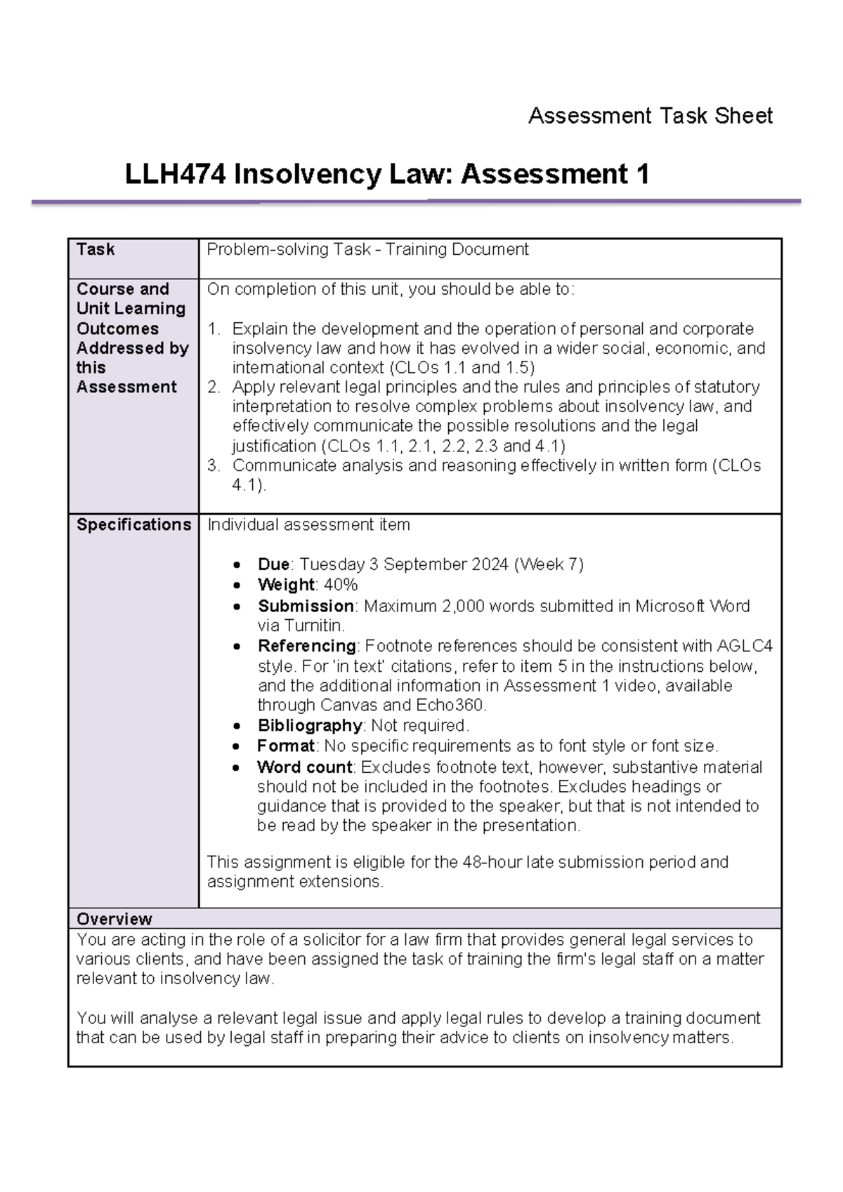 LLH474 2024 Assessment 1 Task Sheet - Assessment Task Sheet LLH474 ...