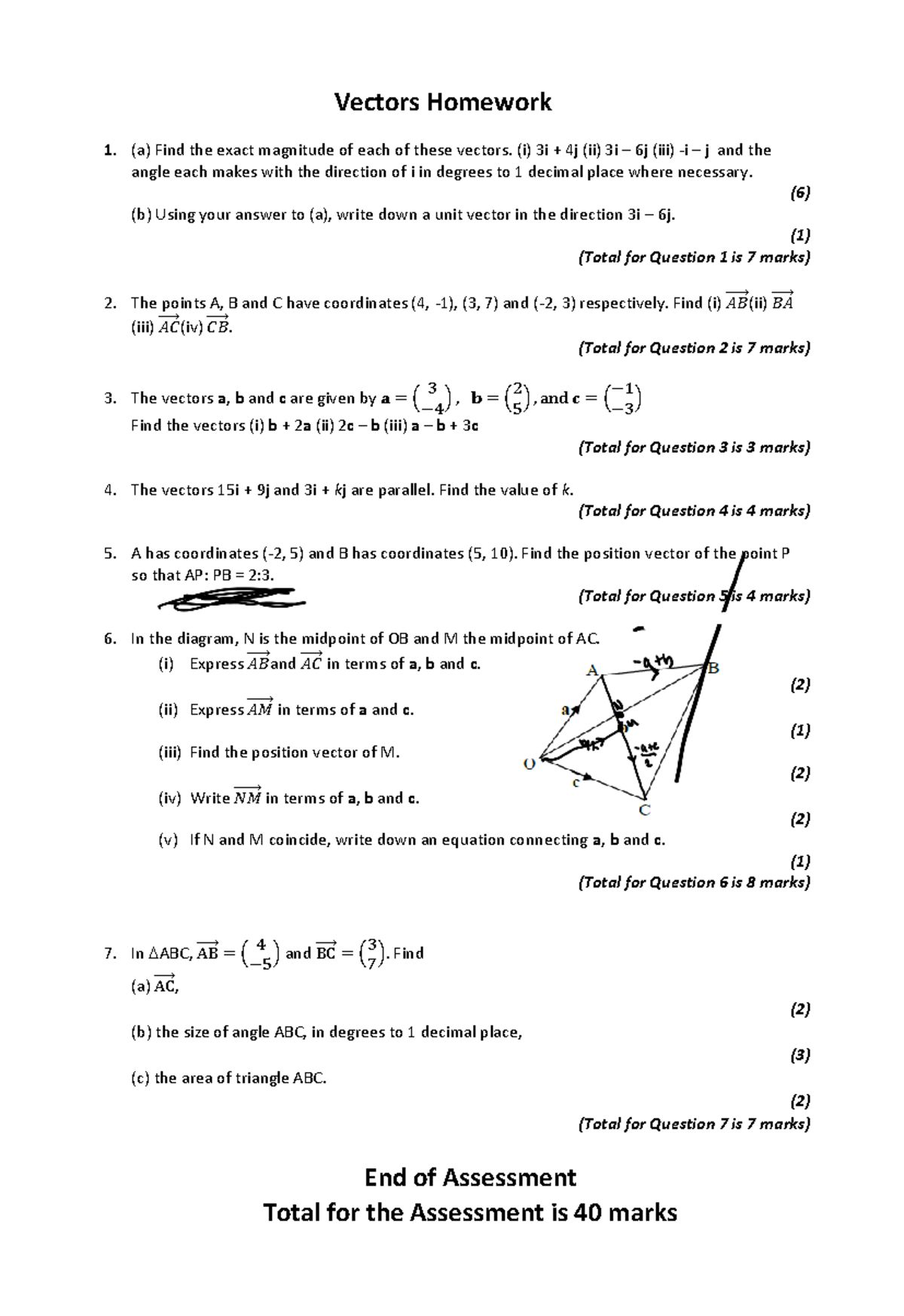 Section 8 Vectors PDF - Maths practise questions - Vectors Homework (a ...