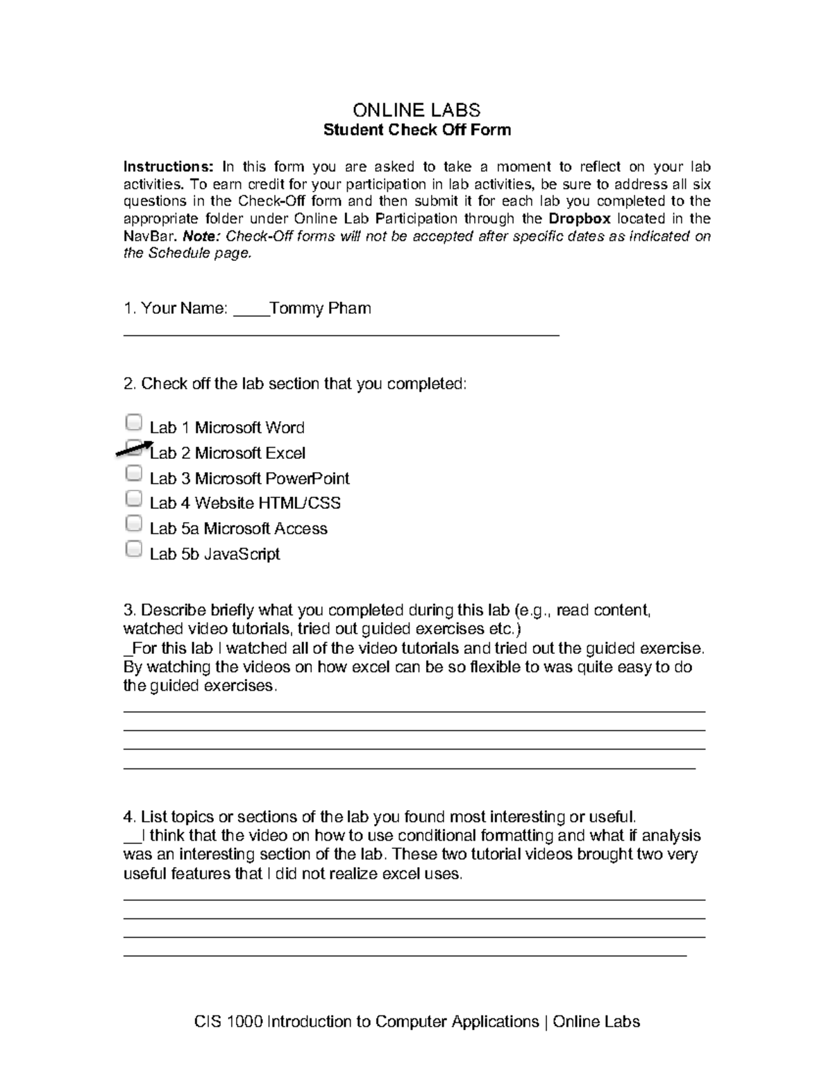 Lab checkoff 2 - CIS 1000 Introduction to Computer Applications ...