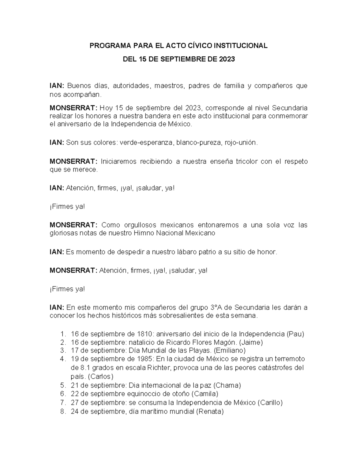 Acto Civico Septiembre - PROGRAMA PARA EL ACTO CÍVICO INSTITUCIONAL DEL 15 DE SEPTIEMBRE DE 2023 ...