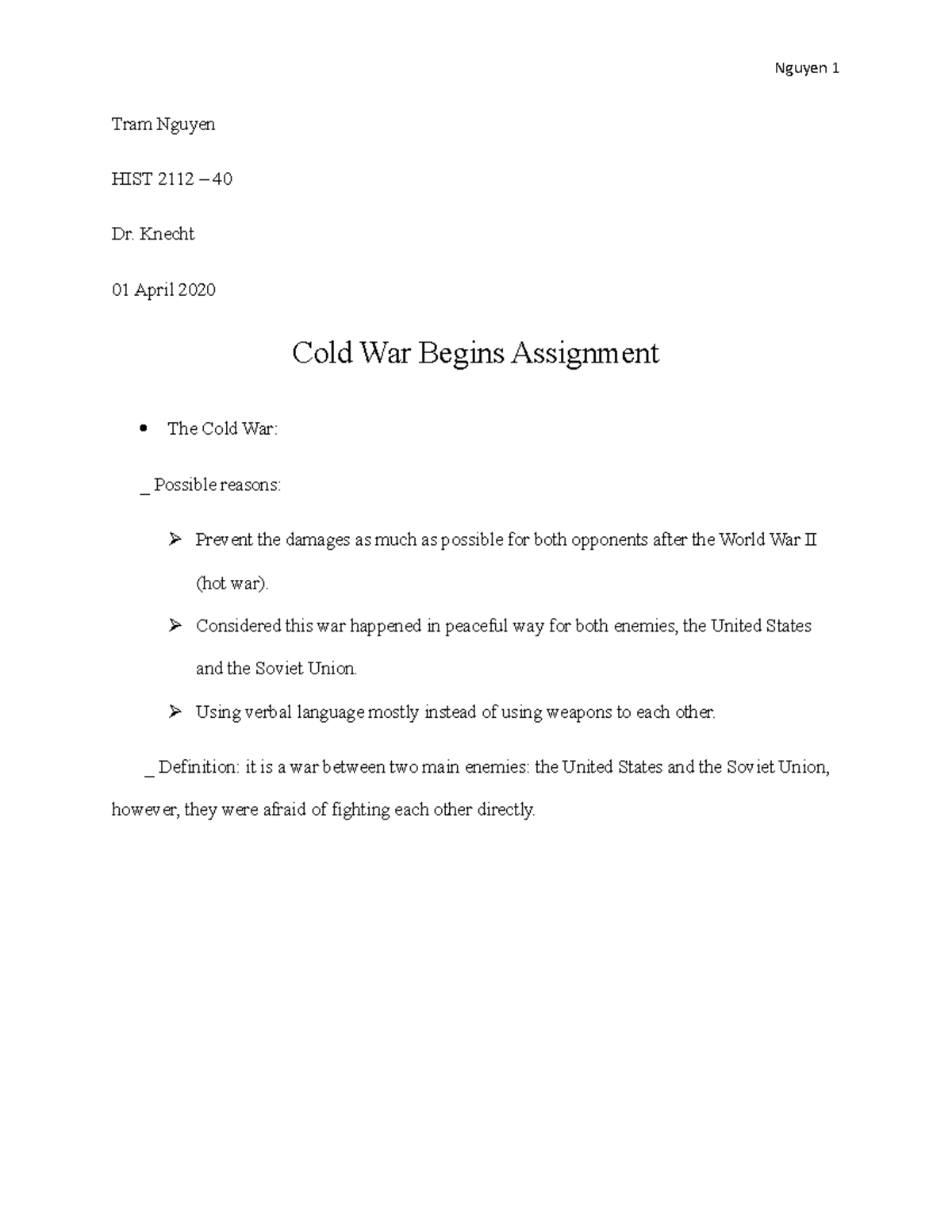 The Cold War Begins Assignment Tram Nguyen - Tram Nguyen HIST 2112 – 40 ...
