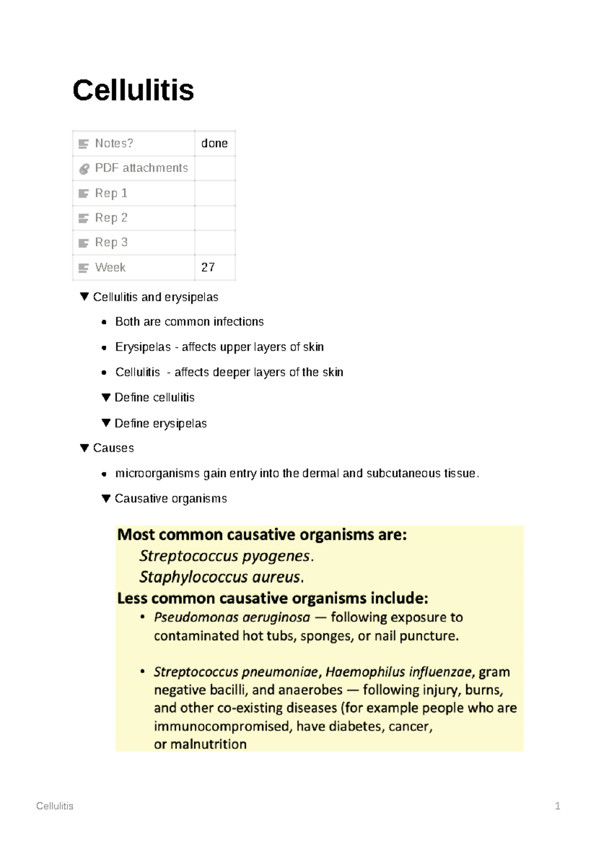 Cellulitis - Lecture notes 1 - Cellulitis Notes? done PDF attachments ...