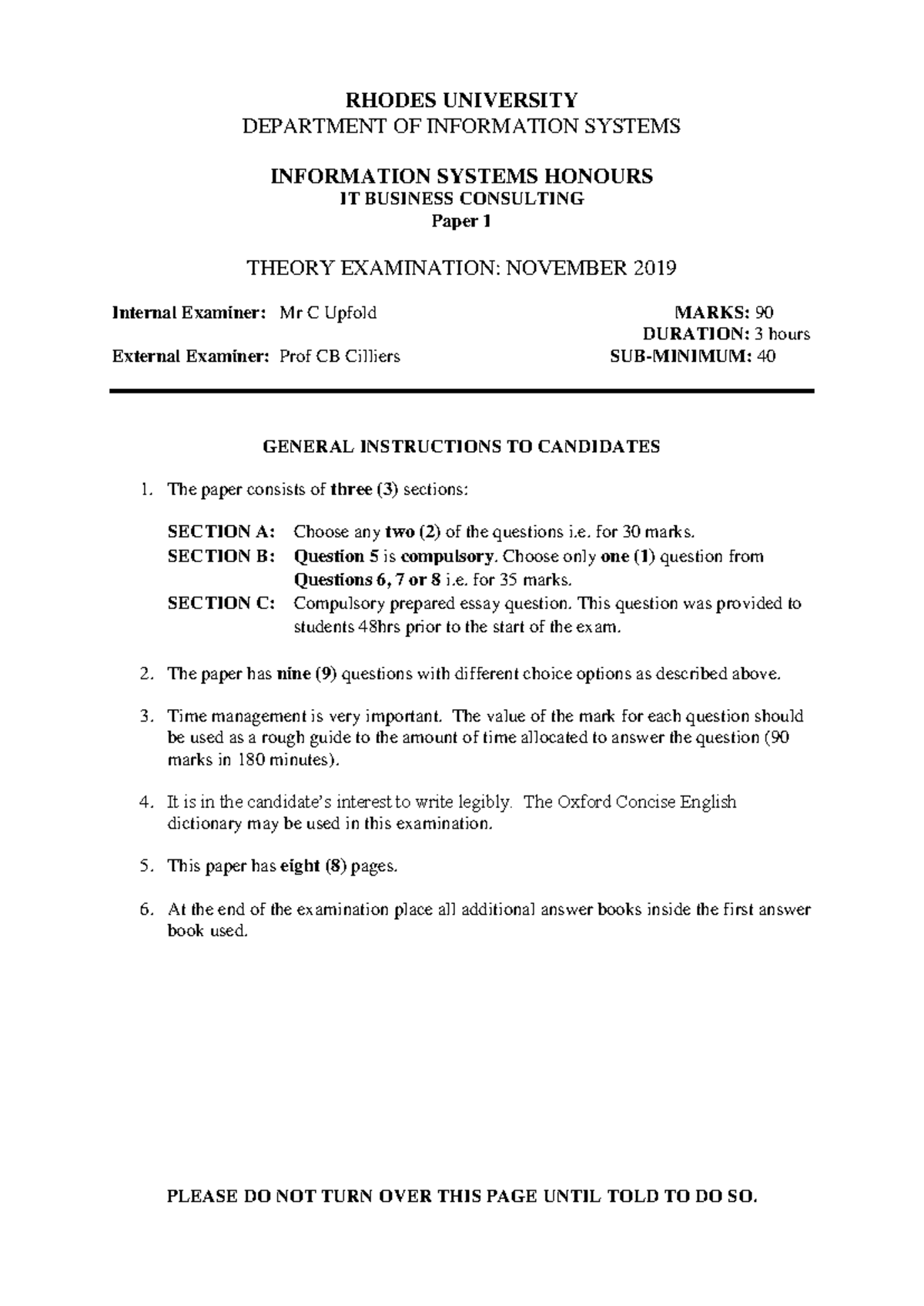 ITBC Nov 2019 - 2019 utbc exam - RHODES UNIVERSITY DEPARTMENT OF ...