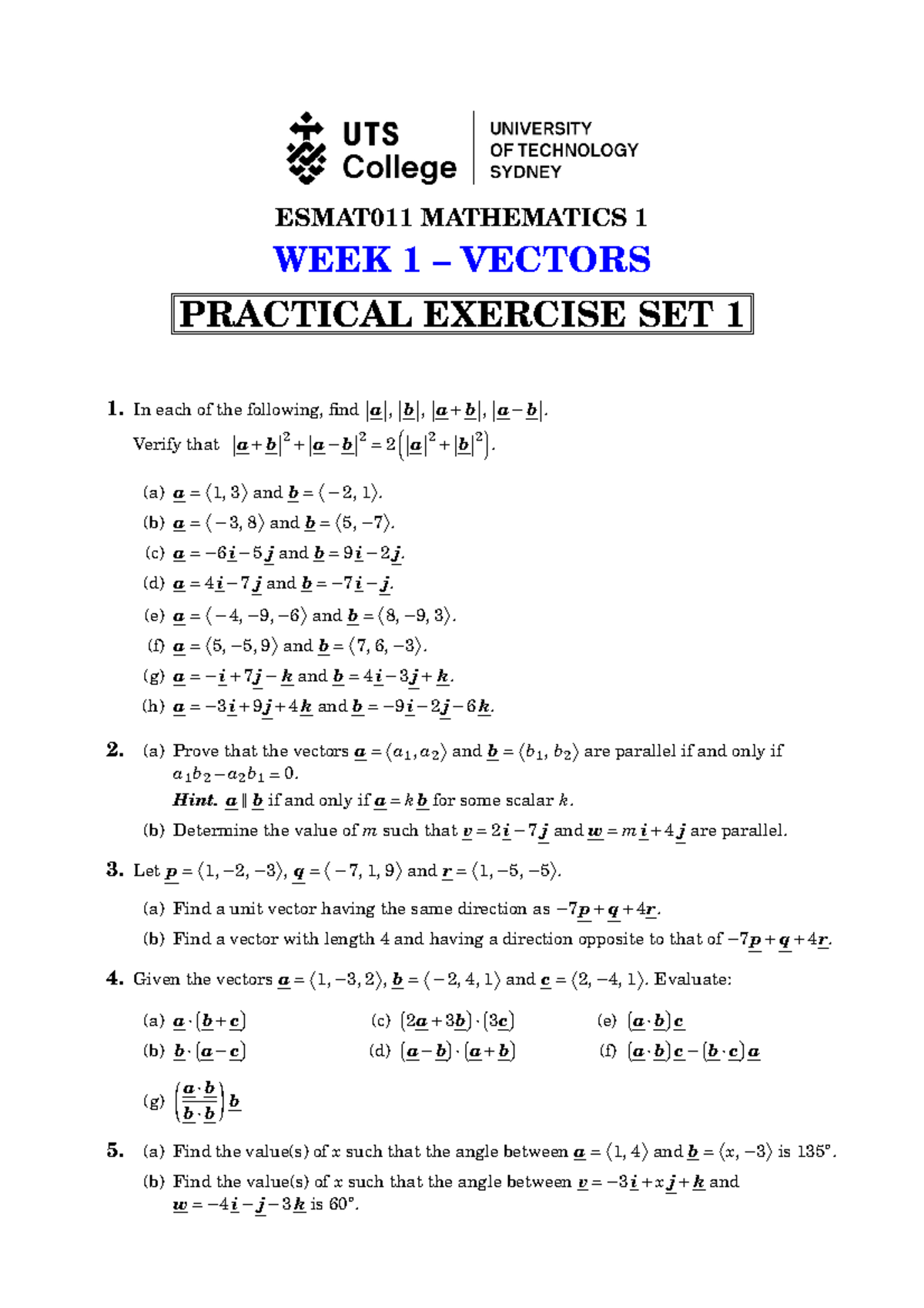 Week 1 - Practical Exercise Set 1 - ESMAT011 MATHEMATICS 1 WEEK 1 – VECTORS PRACTICAL EXERCISE ...