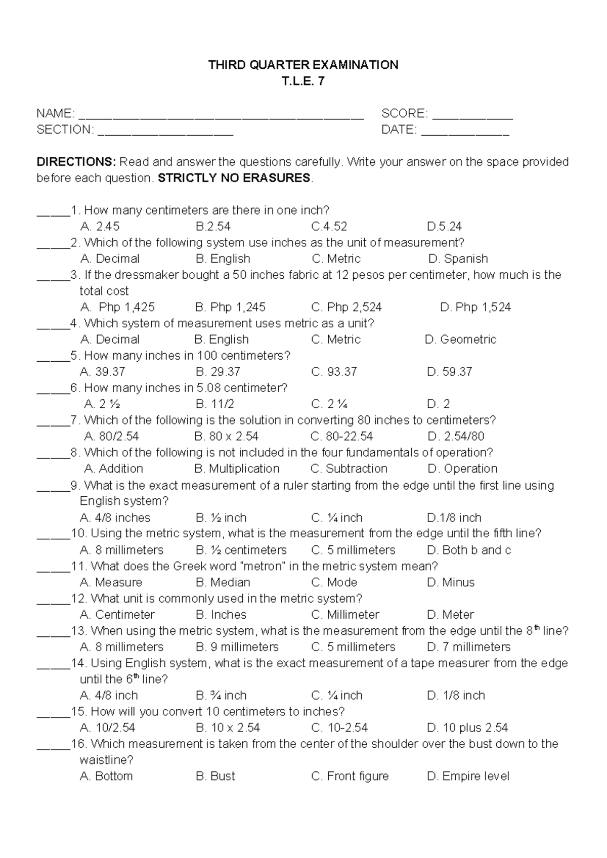TLE 7 - THIRD QUARTER EXAMINATION T.L. 7 NAME
