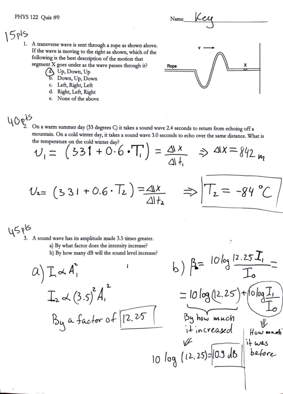 Physics 1 Quiz Nine - PHYS 122 Quiz \ 5vt~ 1. A transverse wave is sent ...