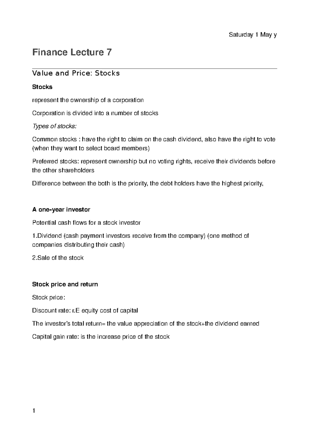 Finance Lecture 7 13 - Finance Lecture 7 Value and Price: Stocks Stocks ...