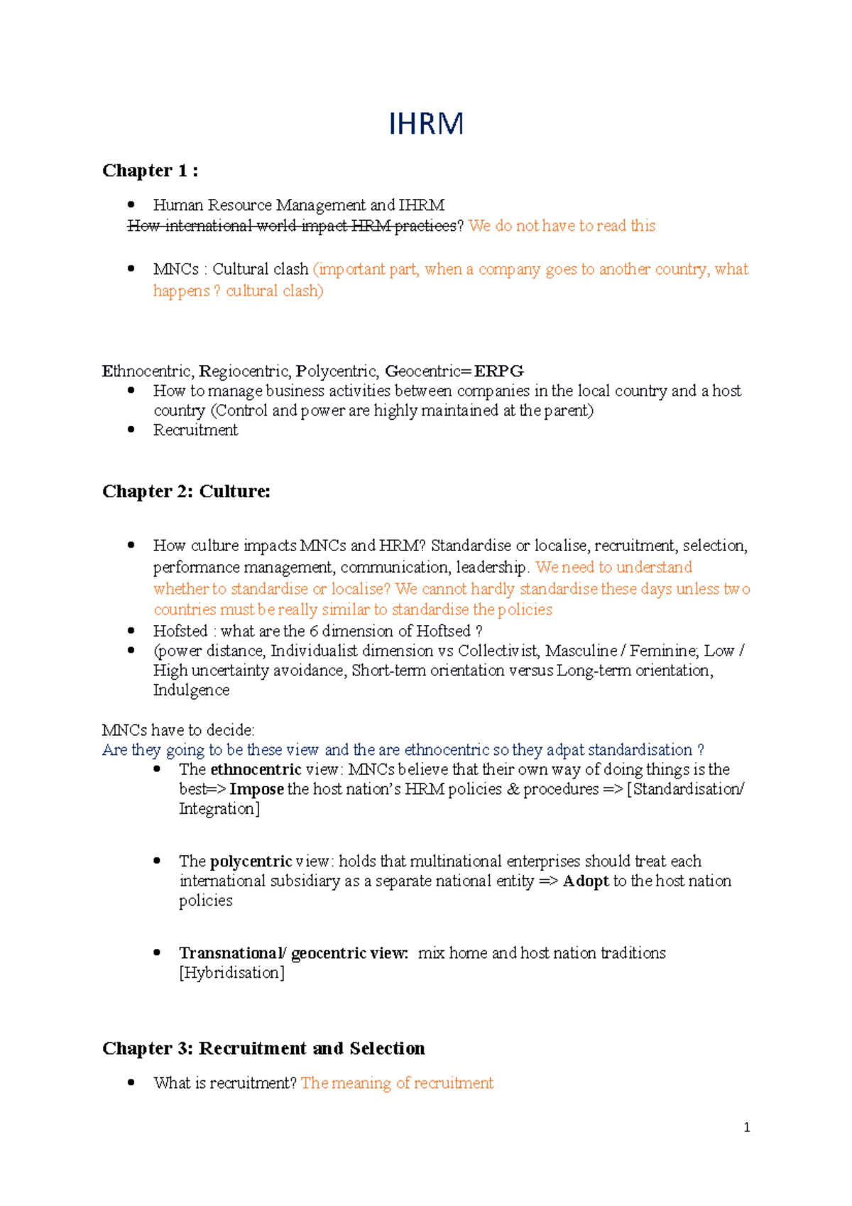 IHRM Revision - Lecture notes 1-10 - IHRM Chapter 1 : Human Resource ...