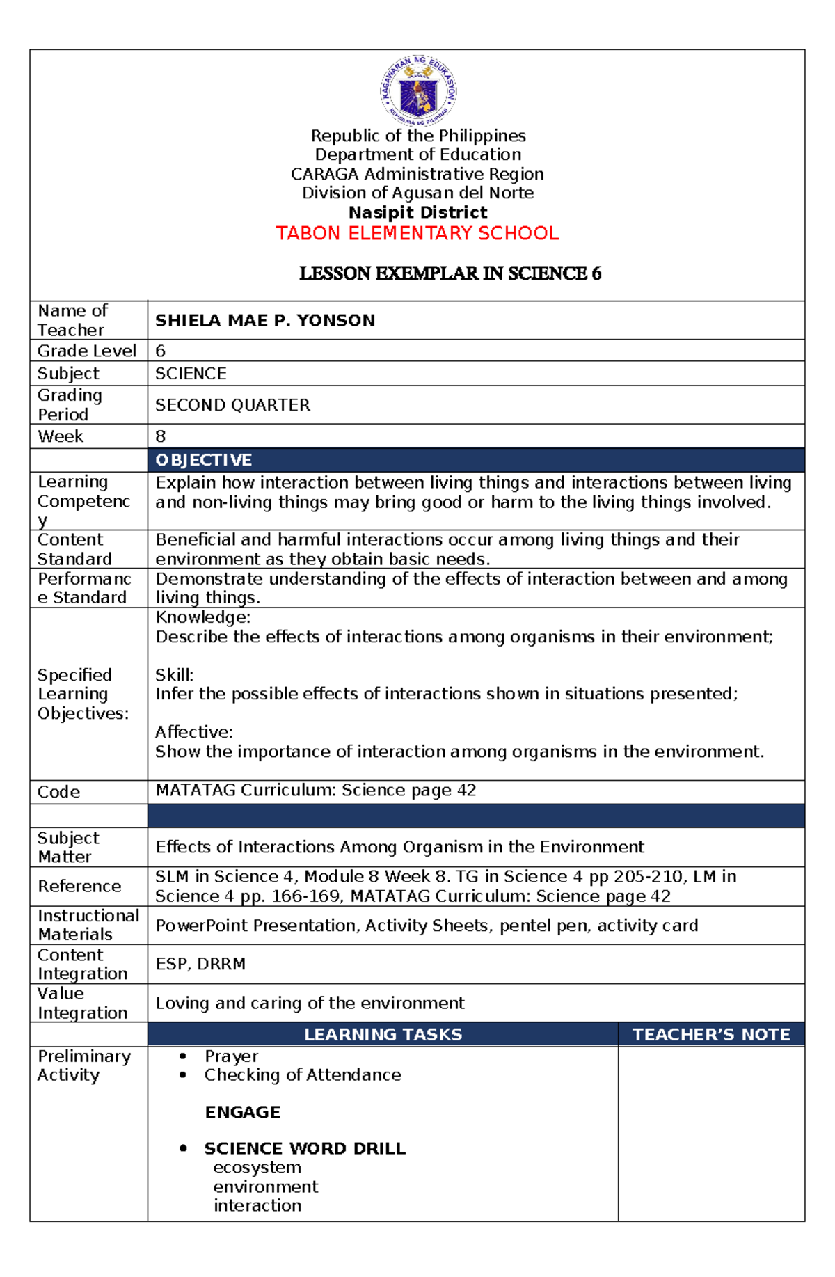 Tabon ES- Grade 6 Science Lesson Exemplar - Republic of the Philippines ...