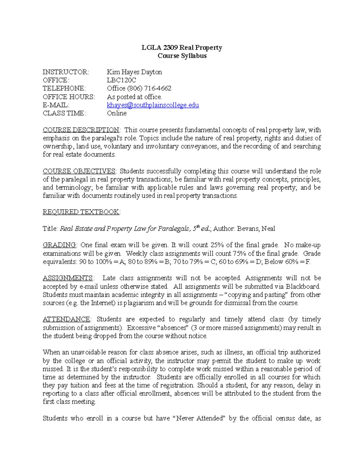 Syllabus Real Property - LGLA 2309 Real Property Course Syllabus INSTRUCTOR: Kim Hayes Dayton ...