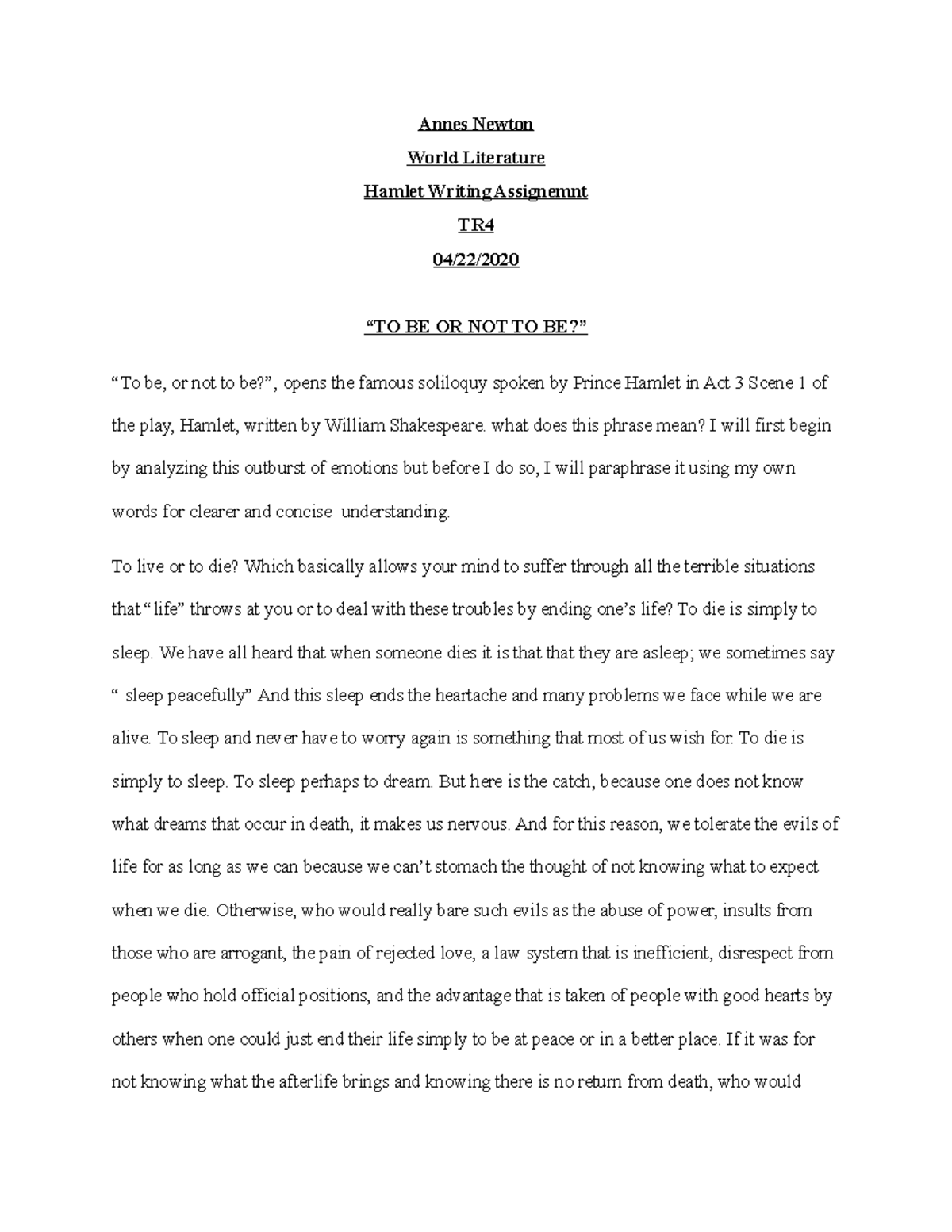 Hamlet writting Assignment - Annes Newton World Literature Hamlet ...
