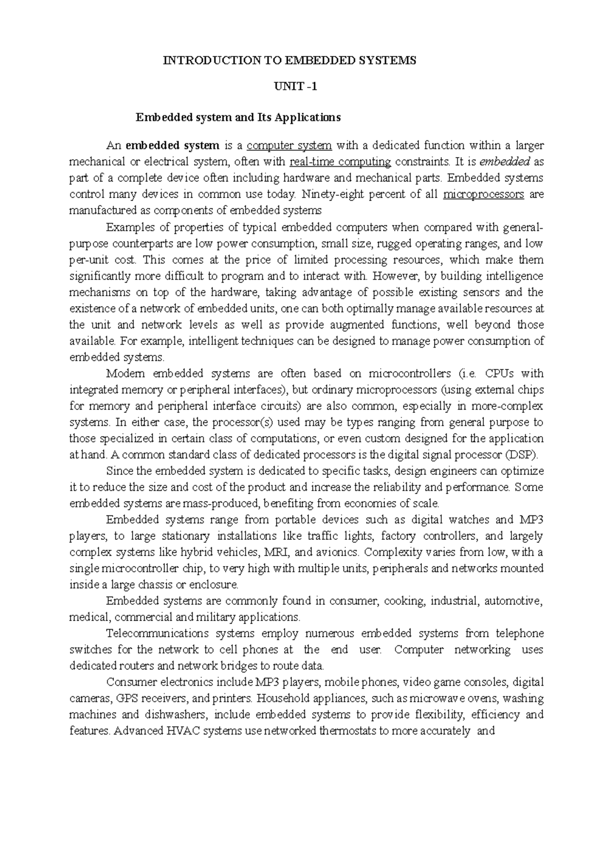 Ertos UNIT - I 2022 - xcvcxvx - INTRODUCTION TO EMBEDDED SYSTEMS UNIT - Embedded system and Its ...