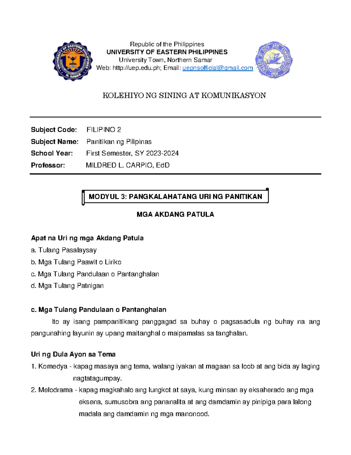 Filipino 2 Modyul 3 - Lecture - Republic of the Philippines UNIVERSITY ...