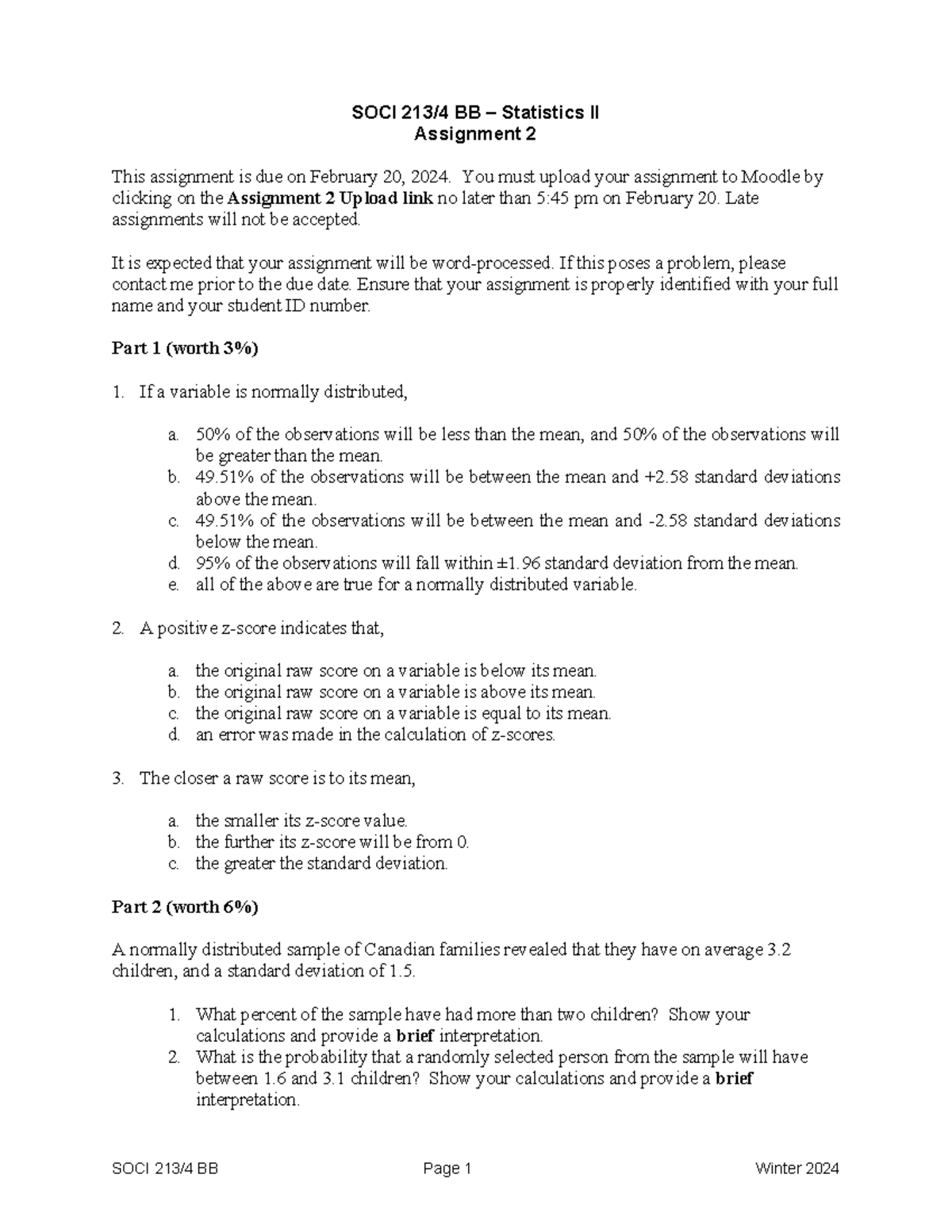 Assignment 2 - Stats 2 - SOCI 213/4 BB Page 1 Winter 2024 SOCI 213/4 BB – Statistics II ...