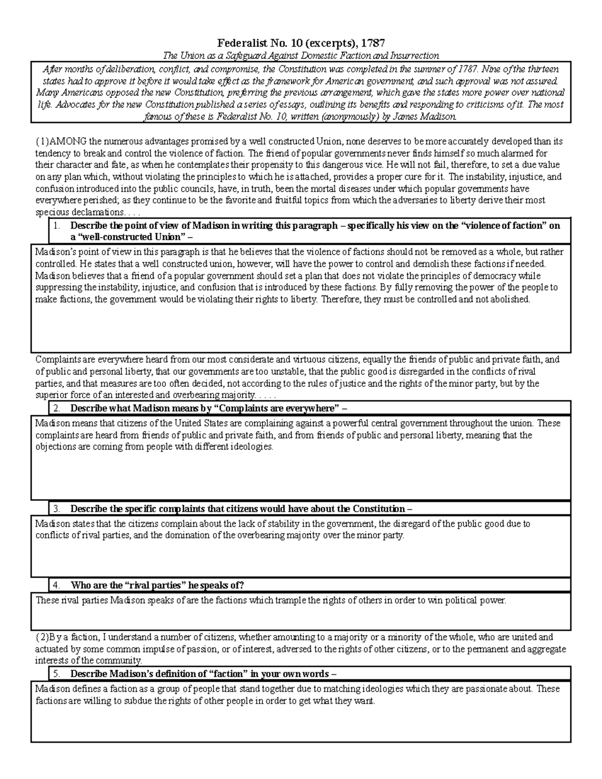 Federalist 10 Questions - Federalist No. 10 (excerpts), 1787 The Union ...