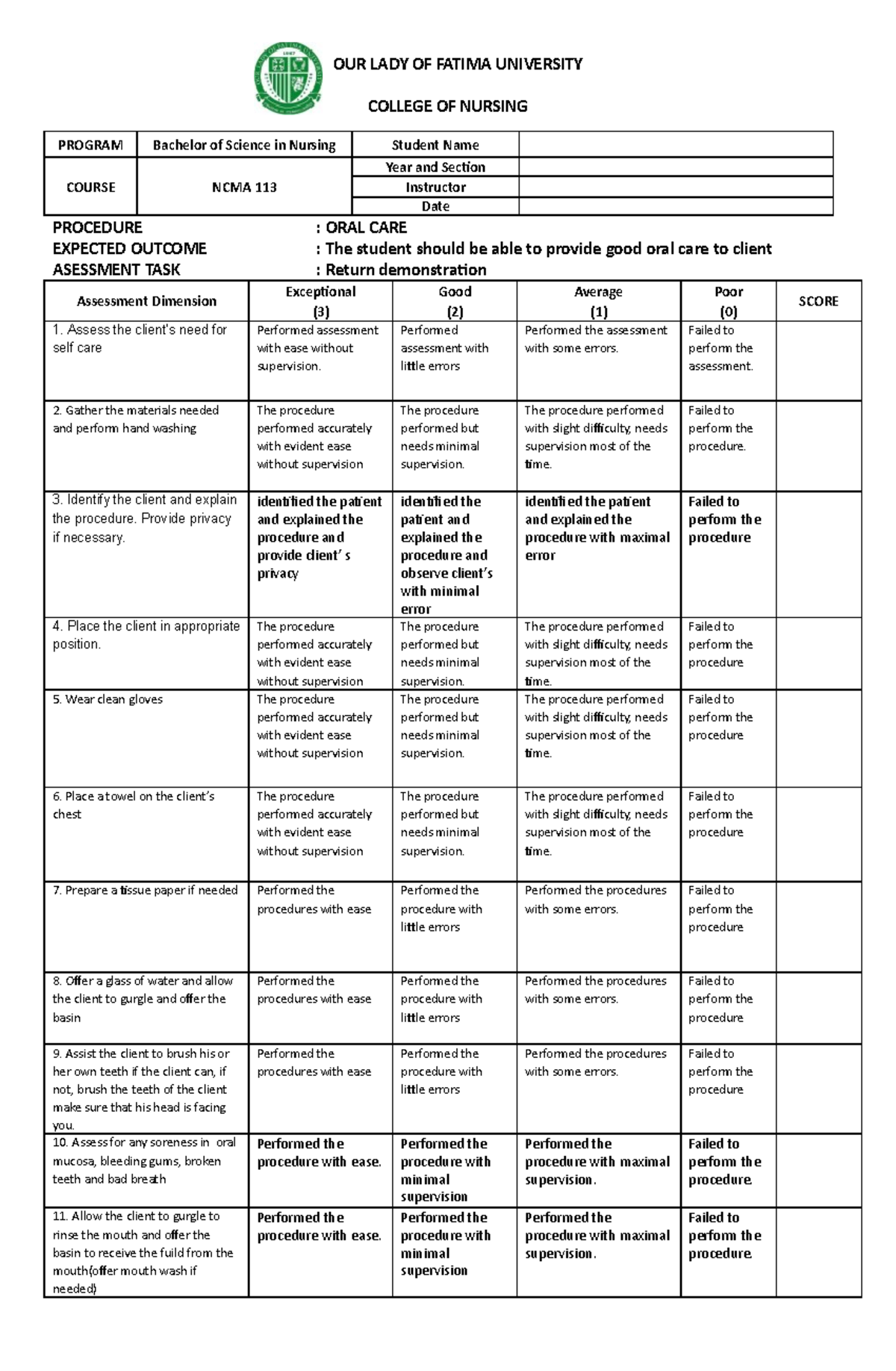 ORAL-CARE- Rubrics - i dont know - OUR LADY OF FATIMA UNIVERSITY ...