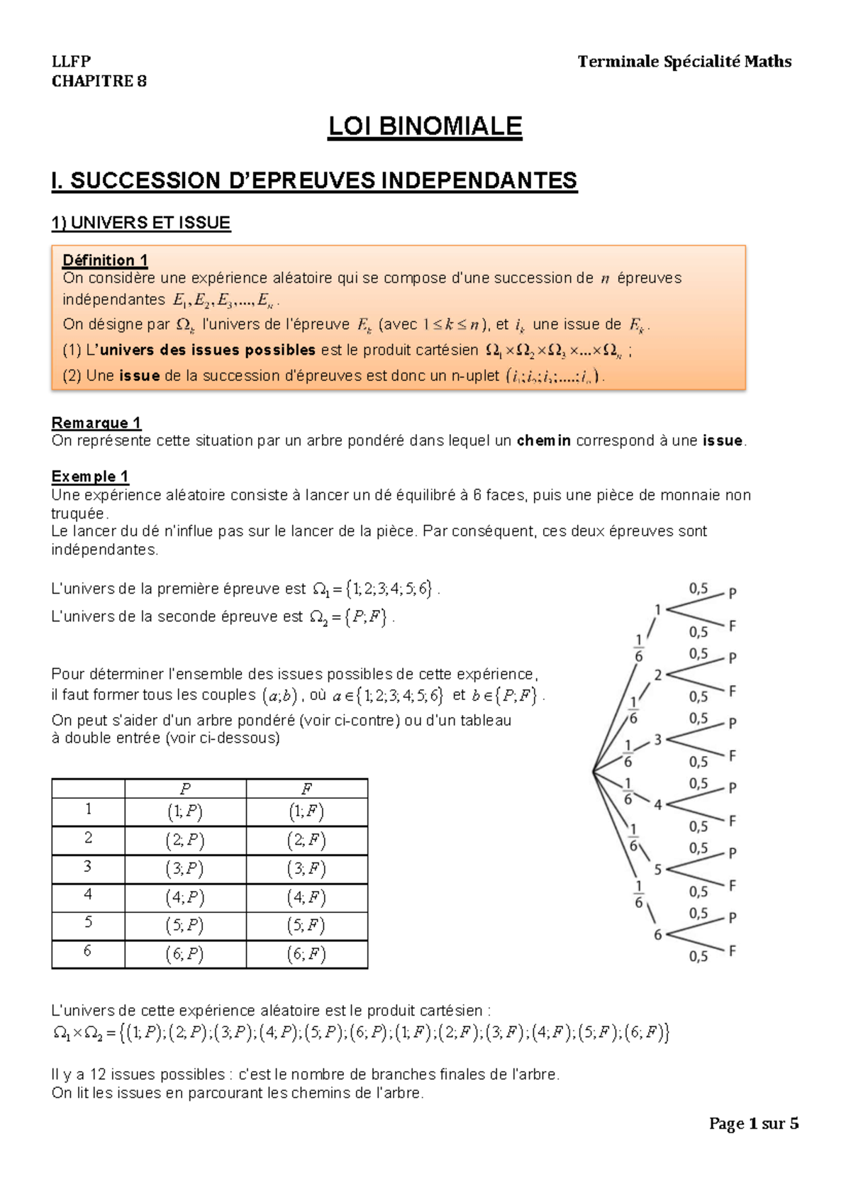Cours Loi binomiale - Notes - CHAPITRE 8 LOI BINOMIALE I. SUCCESSION D ...