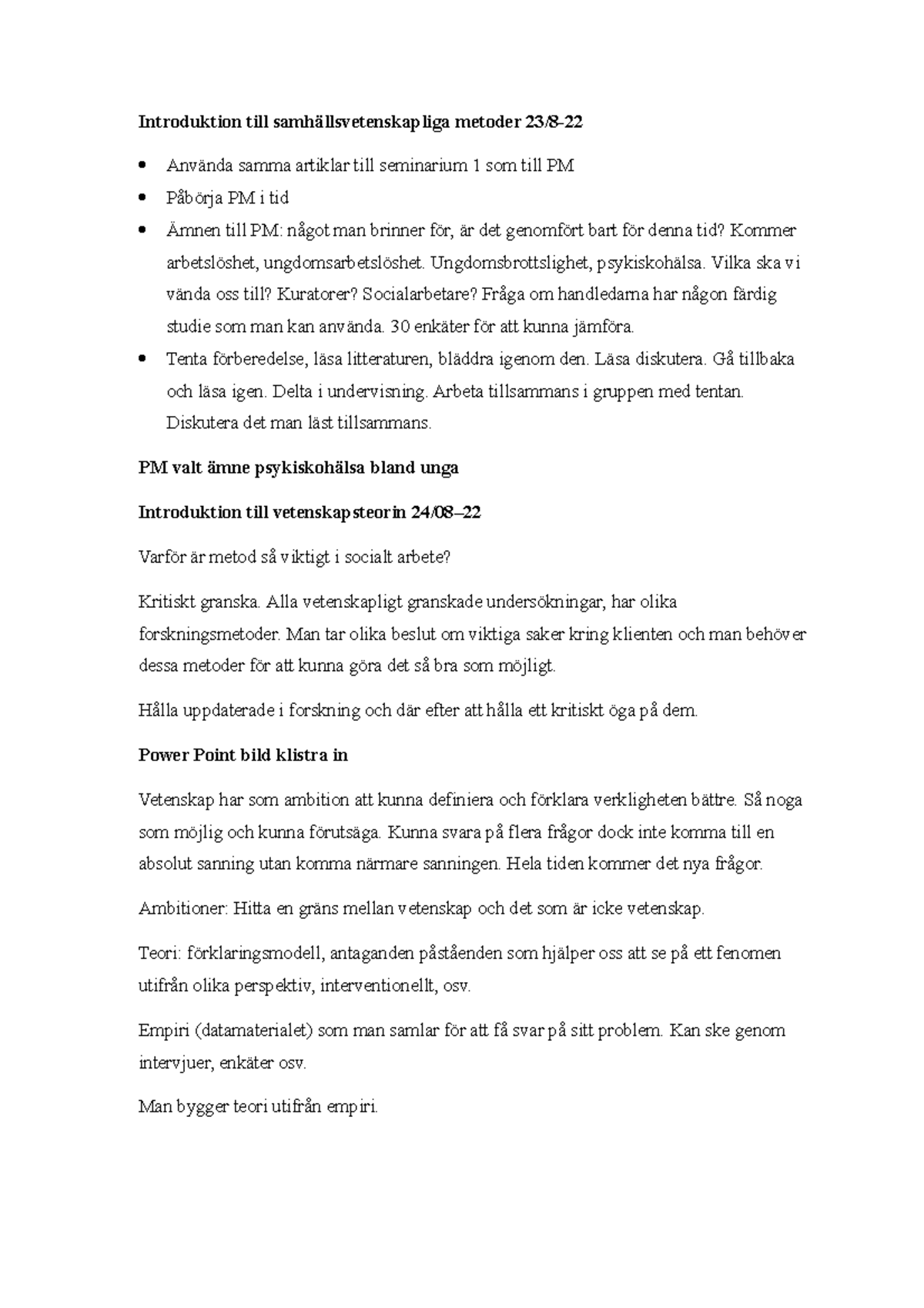 Metodkurs kurs 3 anteckningar - Introduktion till samhällsvetenskapliga metoder 23/8- Använda ...