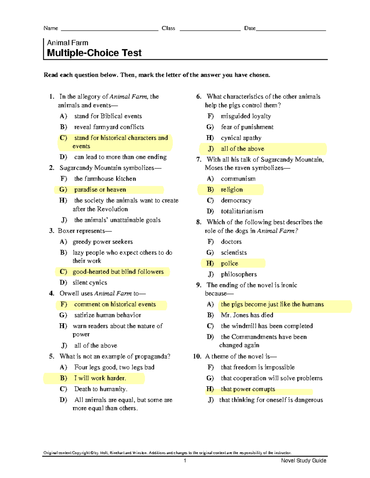 1Animal Farm Multiple Choice Test - Name ...