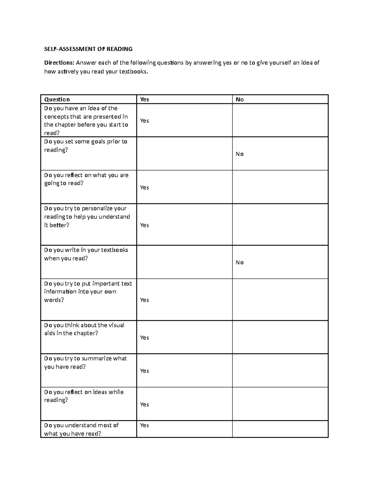Document 6 - literacy - SELF-ASSESSMENT OF READING Directions: Answer ...