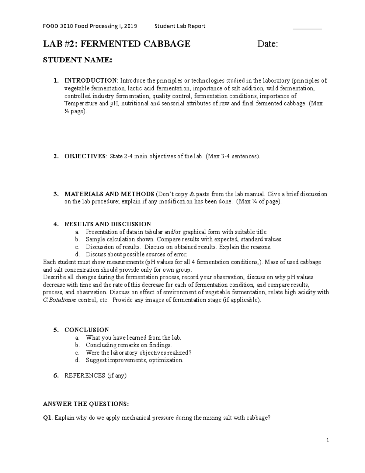 LAB 2 Fermentaion Student Name - FOOD 3010 Food Processing I, 2019 ...