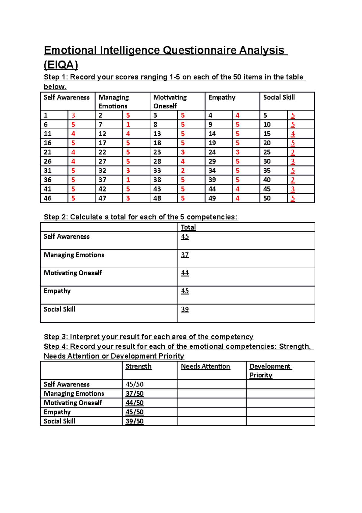 EIQU Questionnaire - Emotional Intelligence Questionnaire Analysis (EIQA) Step 1: Record your ...