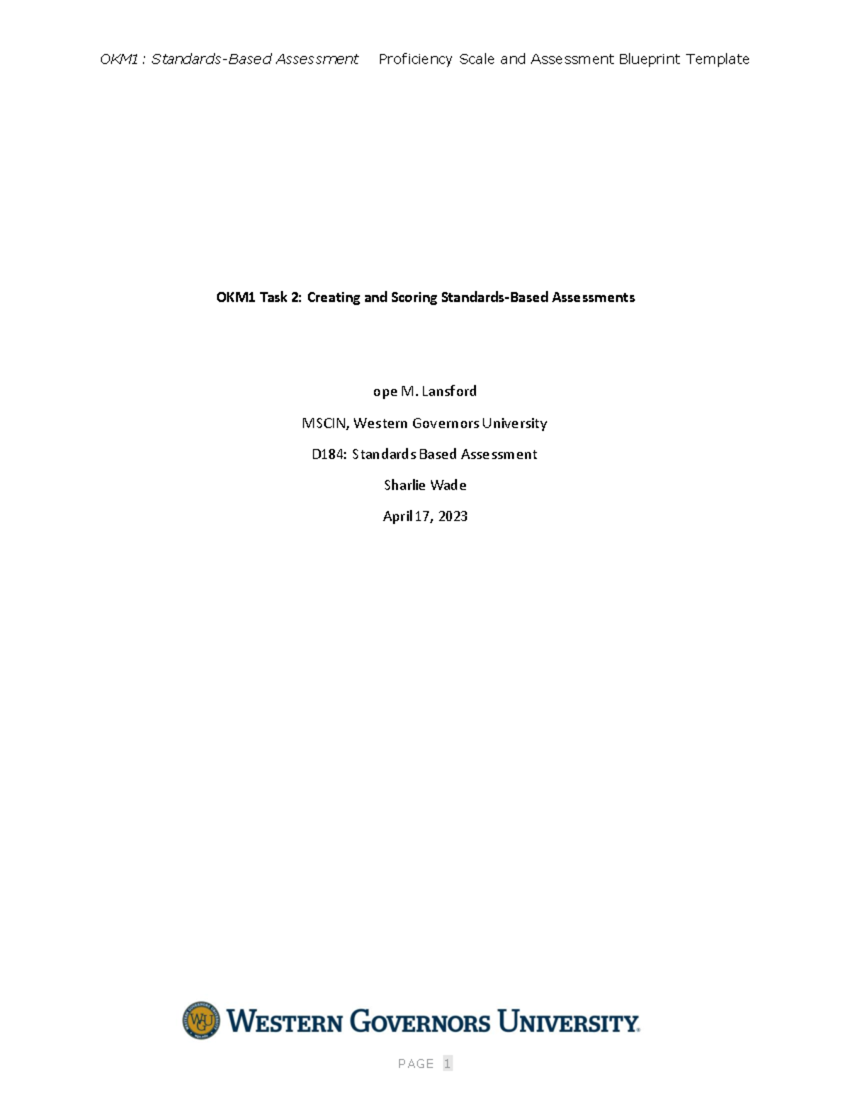OKM1 2 - OKM1 2 - OKM1 Task 2 : Creating and Scoring Standards-Based ...