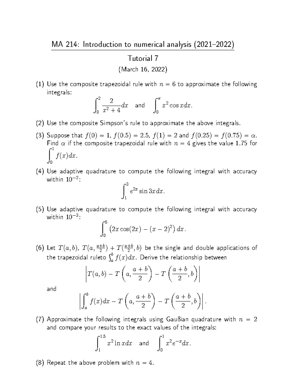 Tutorial 07 - TUT 7 - MA 214: Introduction to numerical analysis (2021–2022) Tutorial 7 (March ...