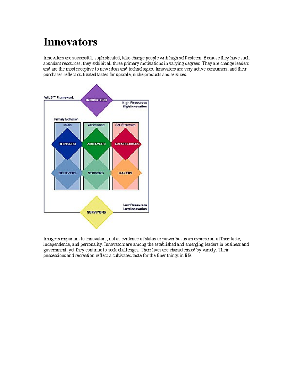 Class 4 VALS Category Descriptions - Innovators Innovators are ...