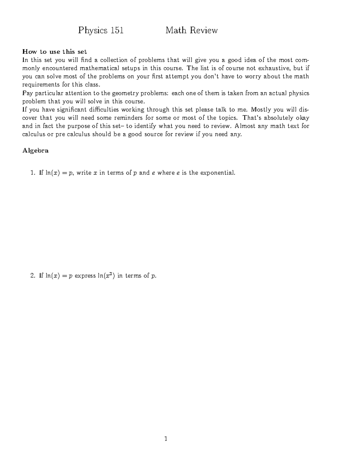 Math Review - PHYSICS 141 Practice - Physics 151 Math Review How to use ...