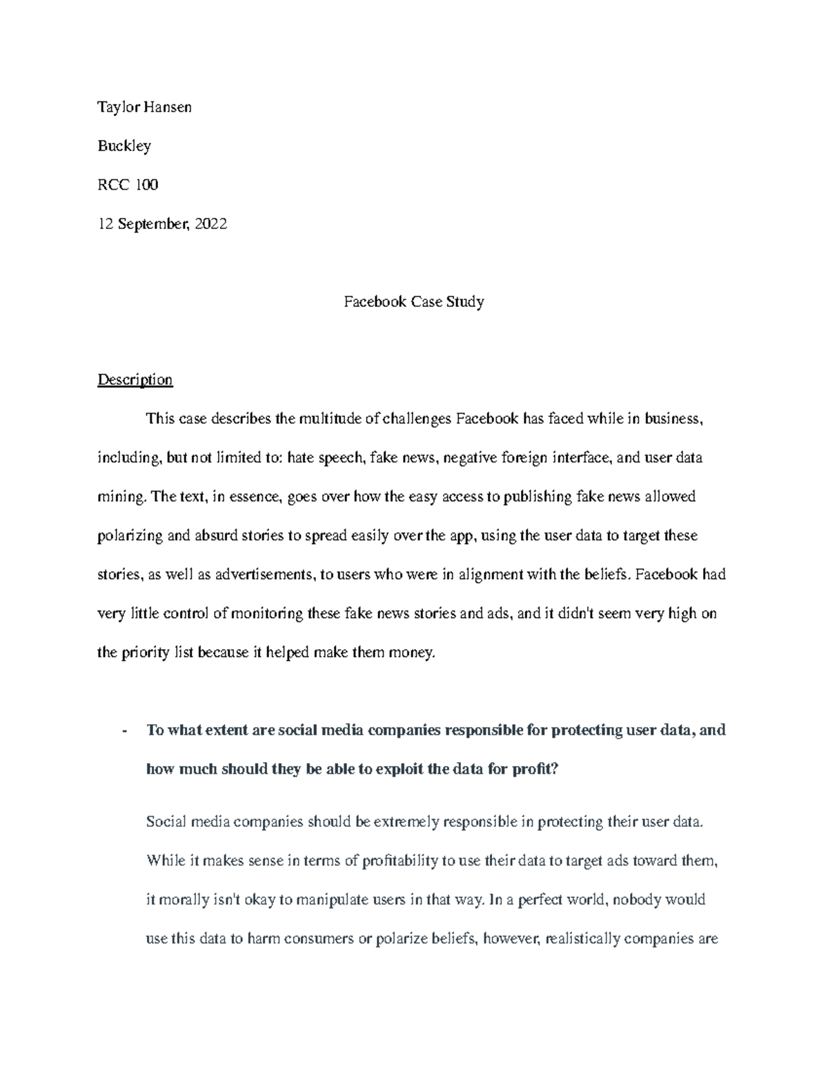 TH RCC Facebook Case Study - Taylor Hansen Buckley RCC 100 12 September ...