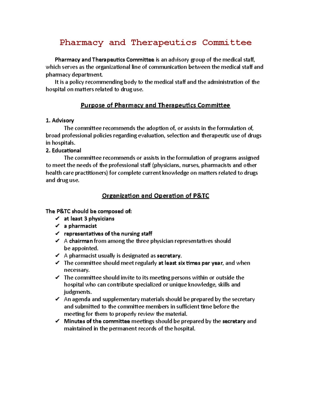 Pharmacy and Therapeutics Committee - Pharma - Studocu