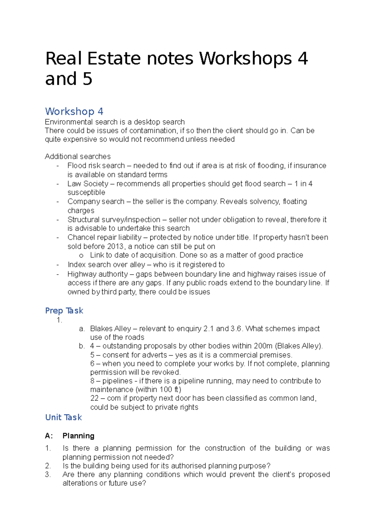 Real Estate notes Workshops 4 and 5 - Can be quite expensive so would ...