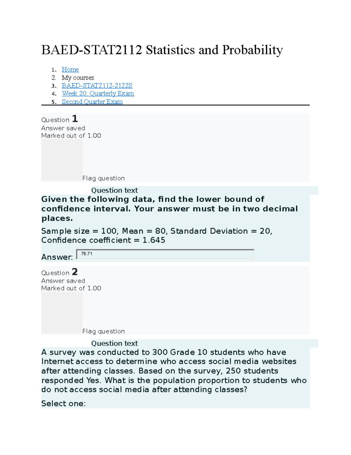 STAT2112 Second SEM EXAM - BAED-STAT2112 Statistics and Probability Home My courses - Studocu